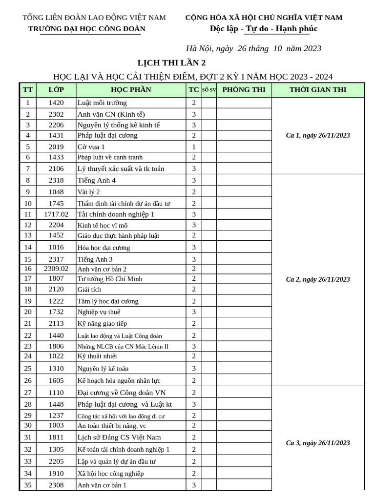 Lich Thi Lần 2 Đợt 2 Kỳ I Năm 2023 - 2024 | PDF