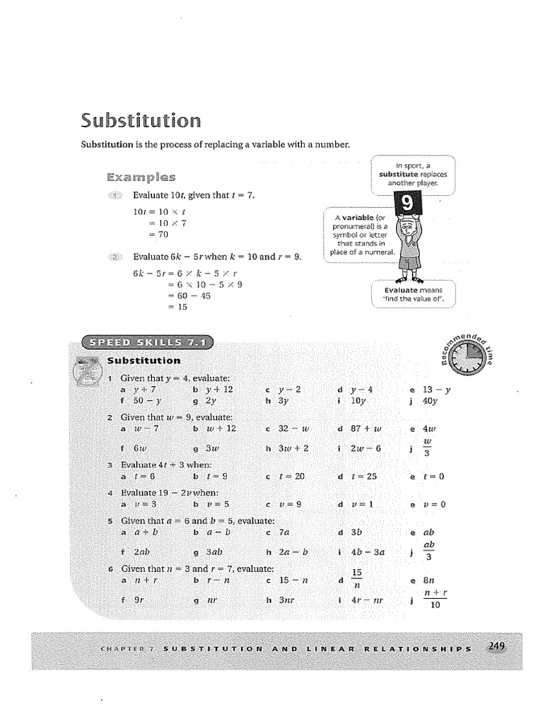 Exercise 7A Substitution, Page 249-251, Year 8 Connections Maths. | PDF
