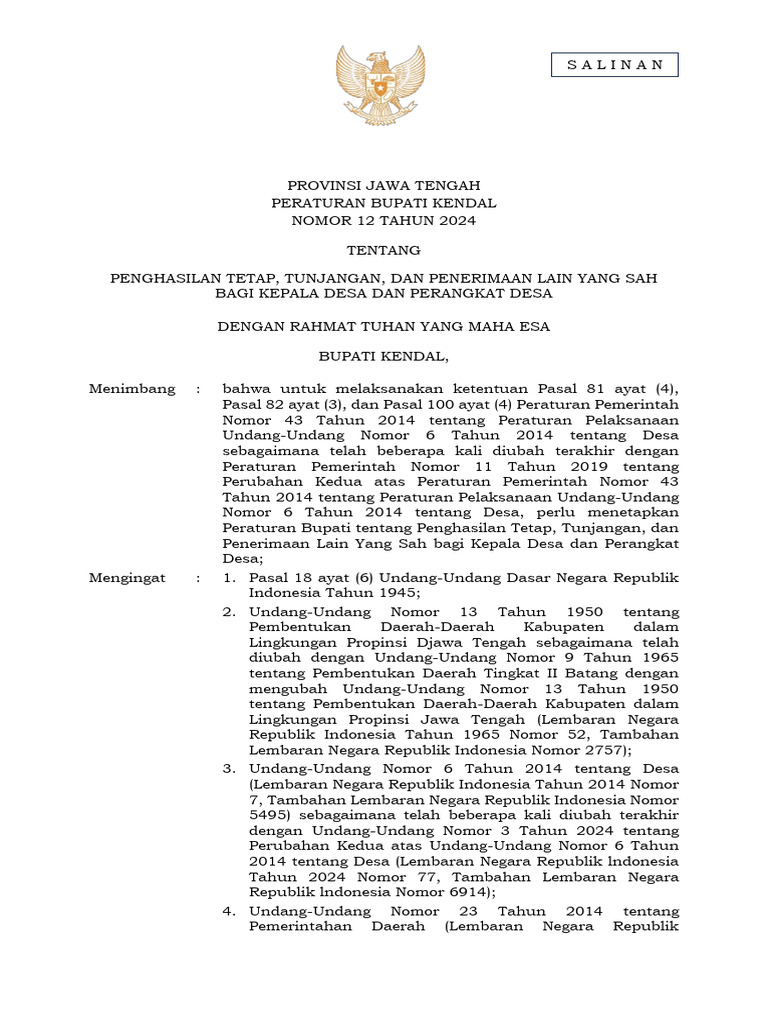 Perbup 12 Tahun 2024 TTG Siltap | PDF