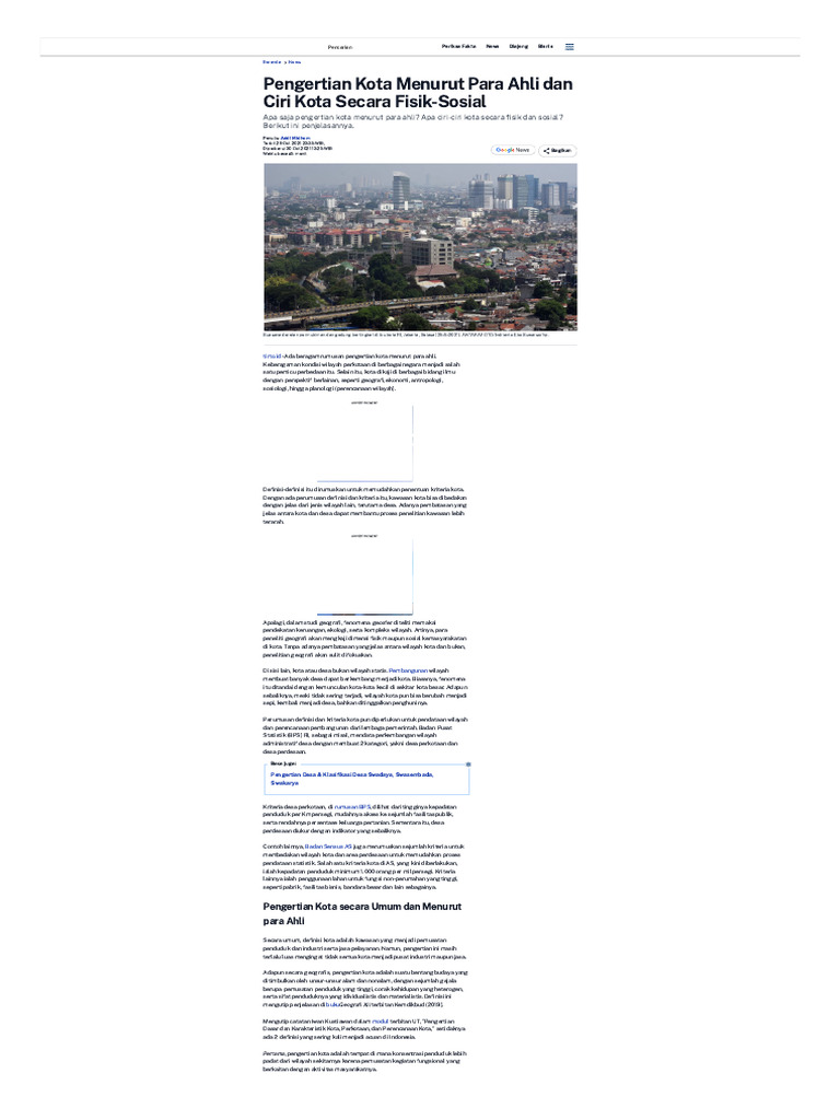 Pengertian Kota Menurut para Ahli Dan Ciri Kota Secara Fisik-Sosial | PDF