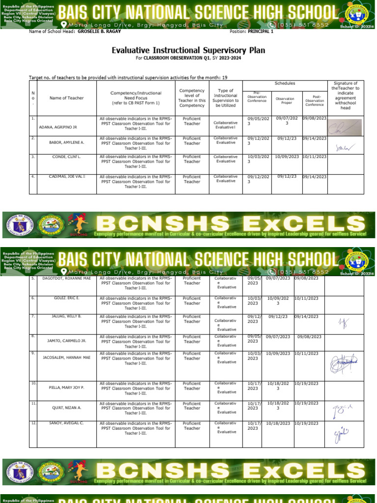 BCNScienceHS Q1 Supervosory Plan | PDF