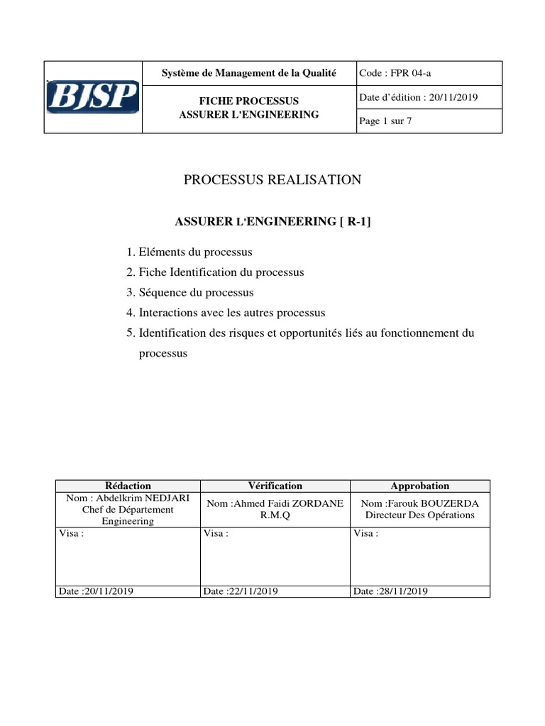 Processus Realisation: Assurer Engineering (R-1) | PDF