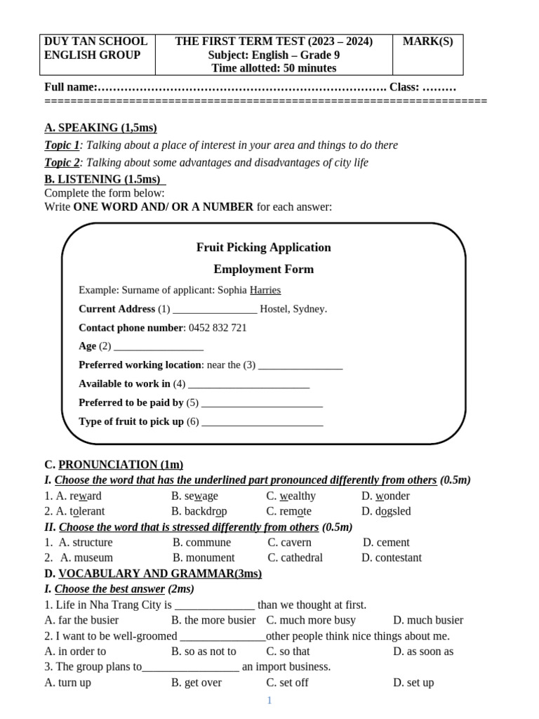1st Term Test 2023-2024 | PDF