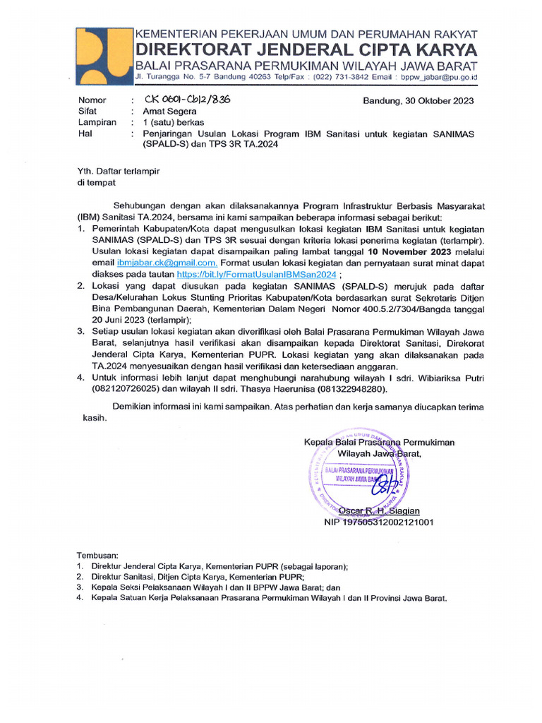 Surat Penjaringan Usulan Lokasi IBM Sanitasi TA 2024 | PDF