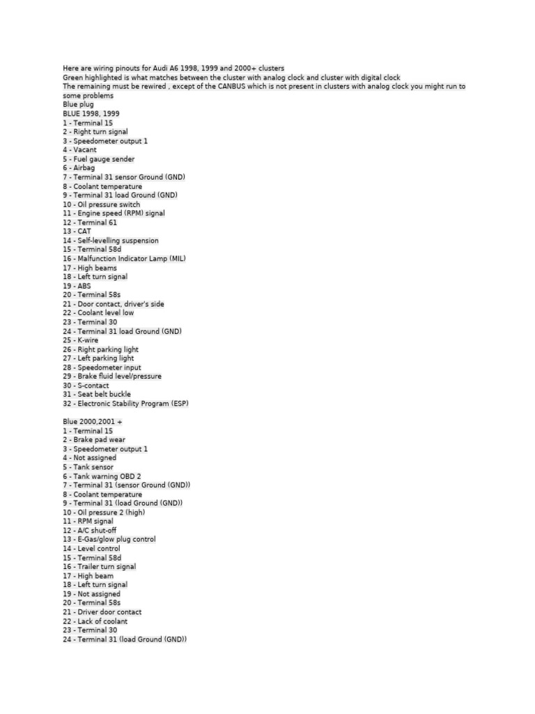 A6 c5 Pinout Diferences NFL FL | PDF