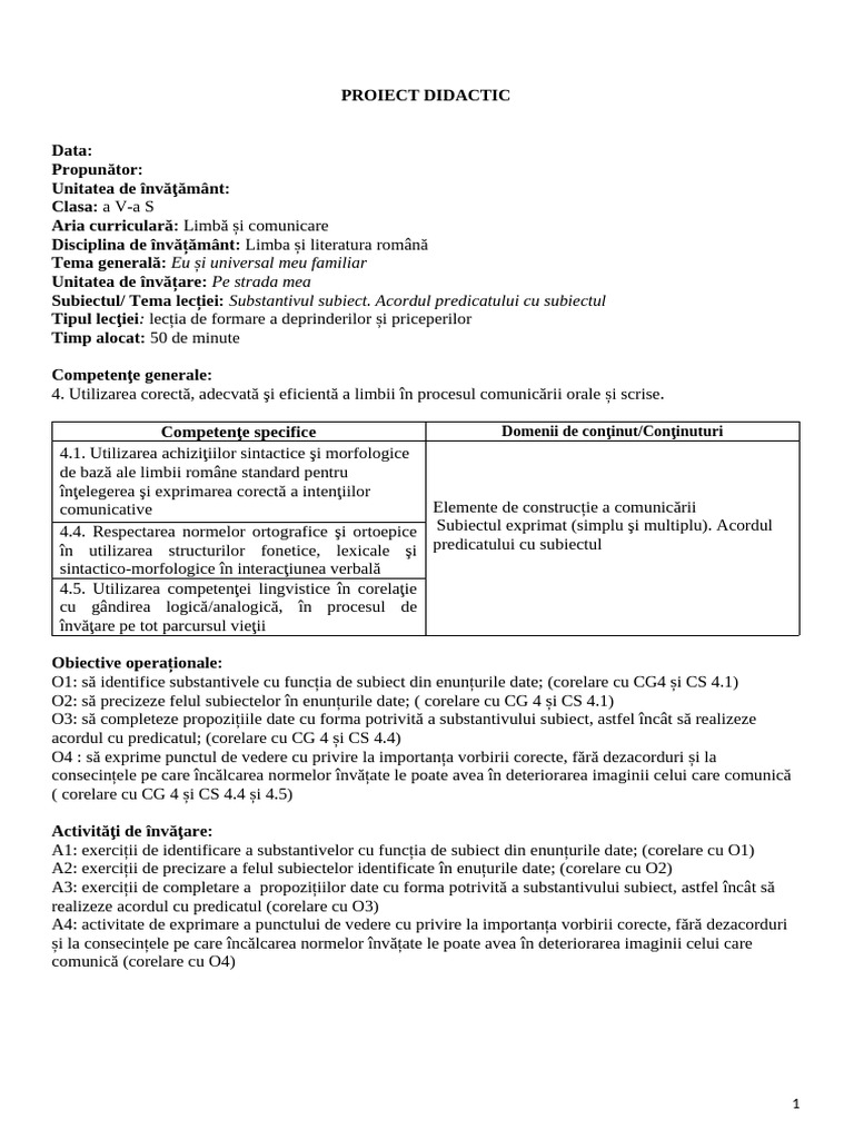 Proiect Didactic Acordul Subst | PDF