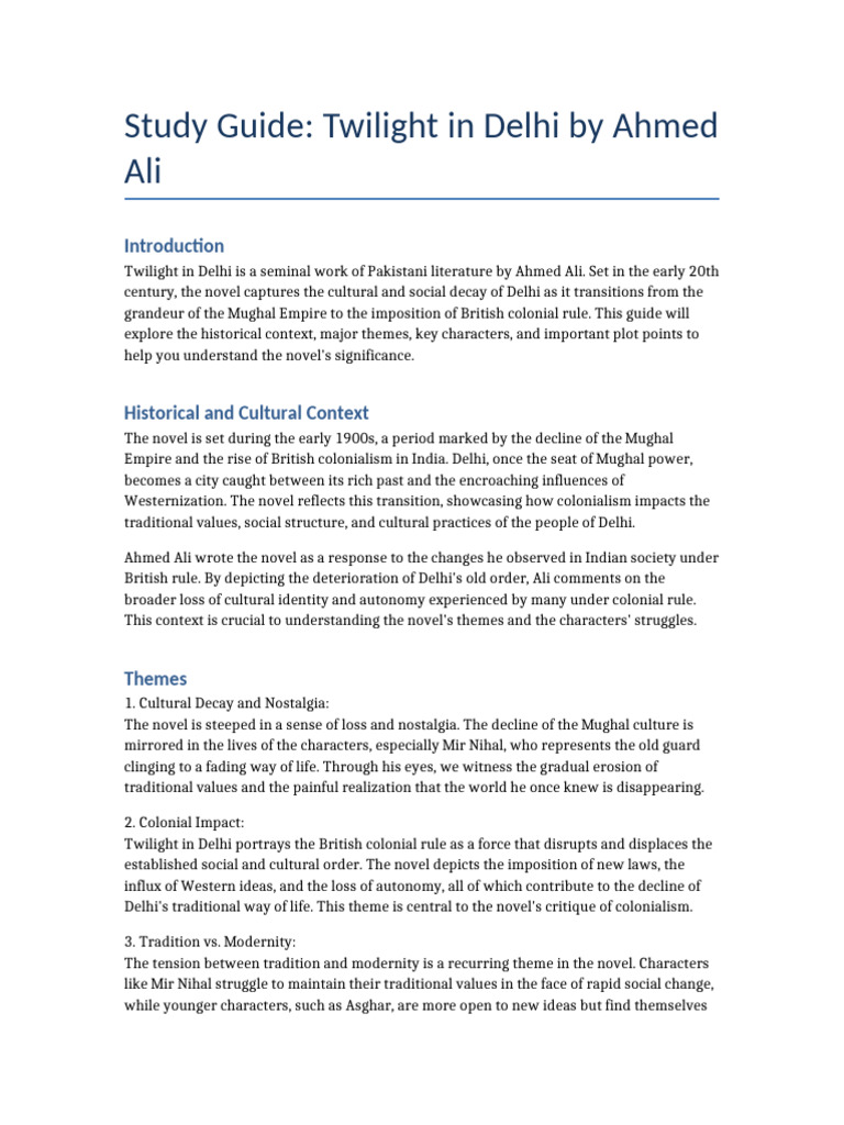 Twilight in Delhi Study Guide and Test | PDF | General Fiction