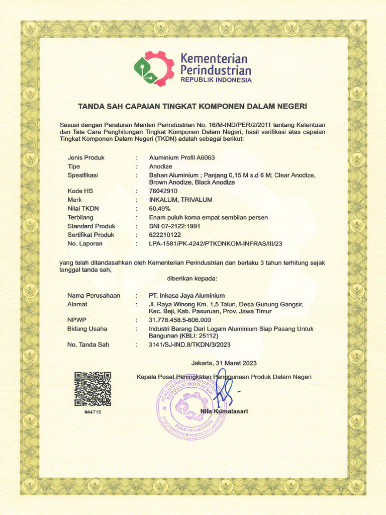 TKDN Profile PT. Inkasa Jaya Aluminium - 3141 - 3156 | PDF