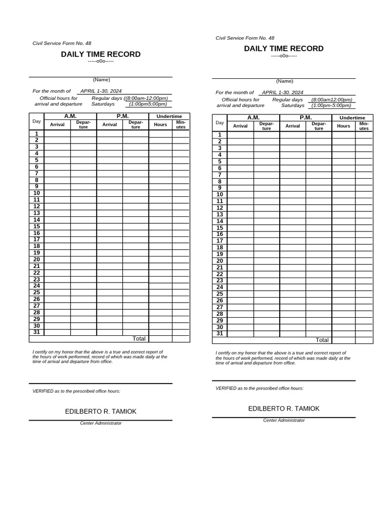 Daily Time Record DTR WORD 2 | PDF