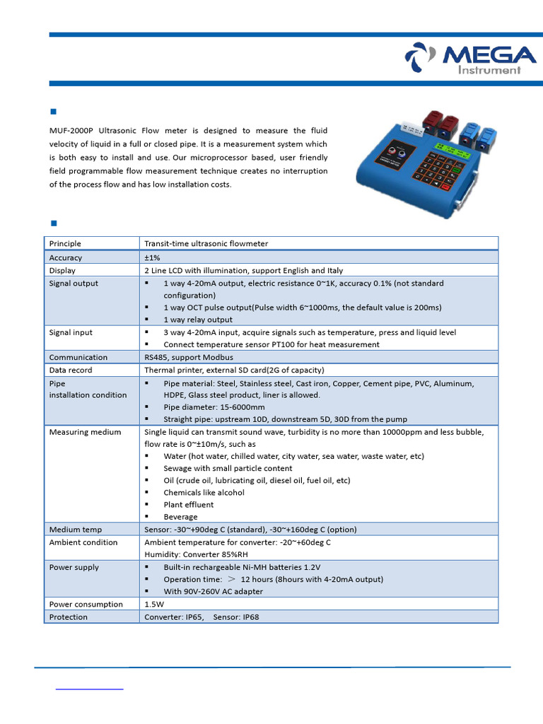 Datasheet - Ultrasonic Flow Meter - MUF-2000P Series - PDF Portable | PDF