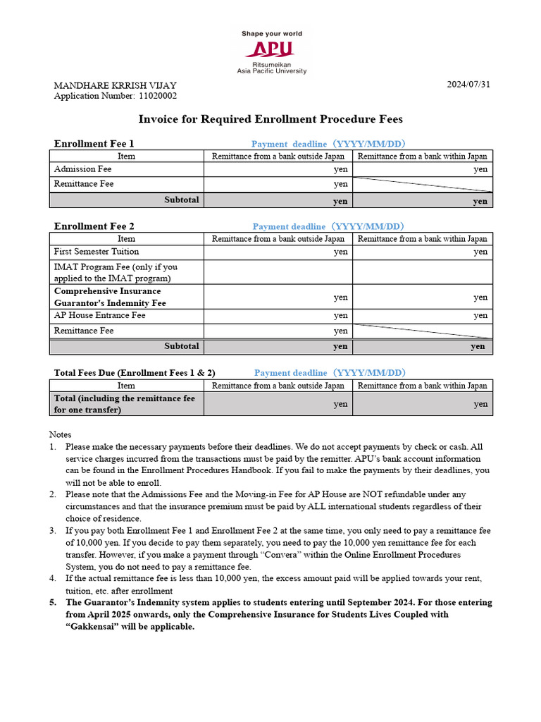 Invoice For Required Enrollment Fees and Procedures | PDF