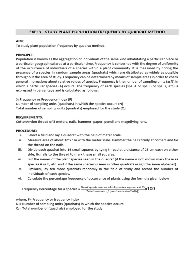 Expt 4. Plant Population Frequency by Quadrat Method | PDF