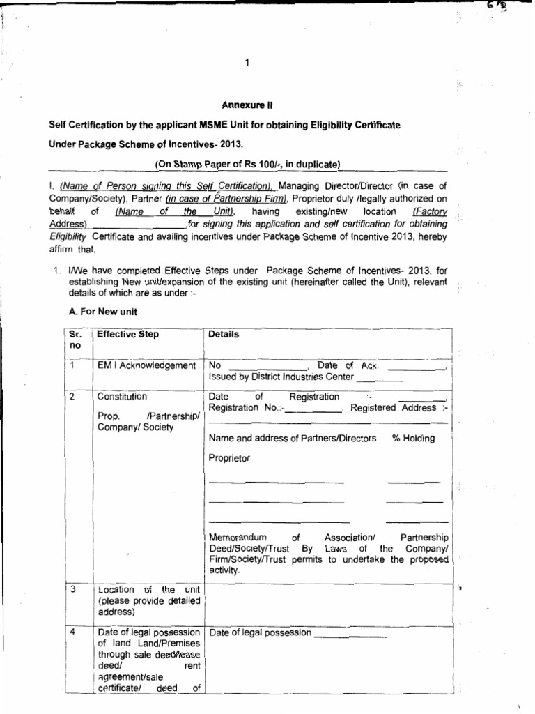 PSI - Self Certification On Rs.100 Stamp Paper For MSME | PDF