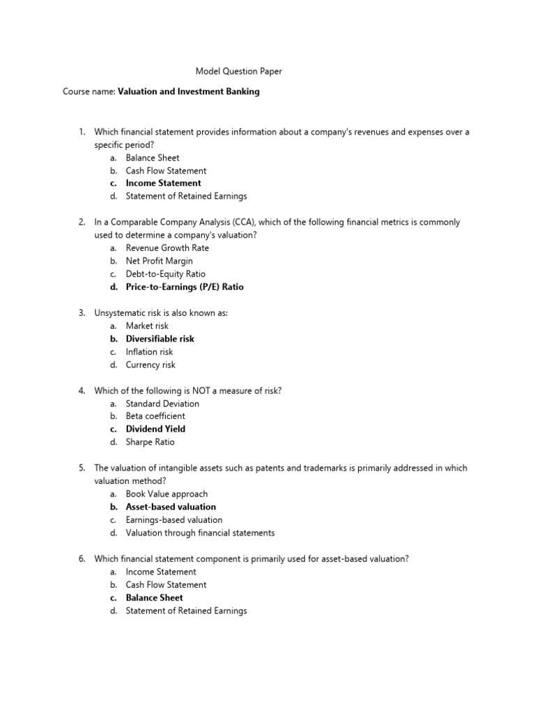 Valuation and Investment Banking Model Question Paper | PDF