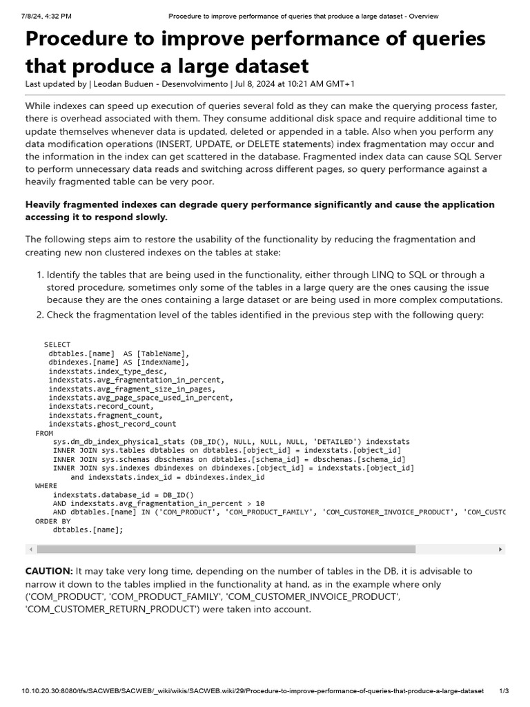 Procedure To Improve Performance of Queries That Produce A Large Dataset - Overview | PDF