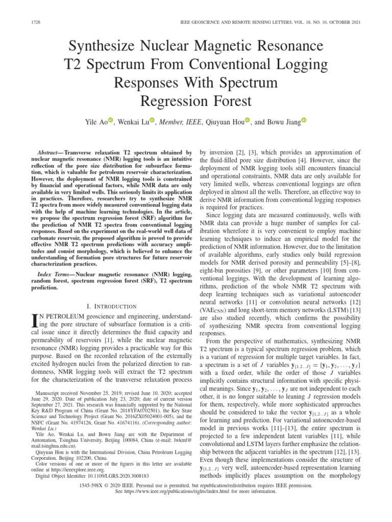 Synthesize Nuclear Magnetic Resonance T2 Spectrum From Conventional Logging Responses With ...