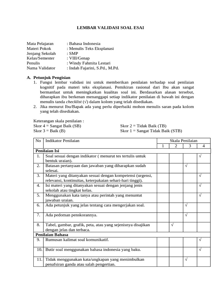 Lembar Penilaian Validasi Soal Esai | PDF