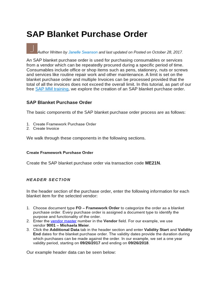 SAP Blanket Purchase Order | PDF