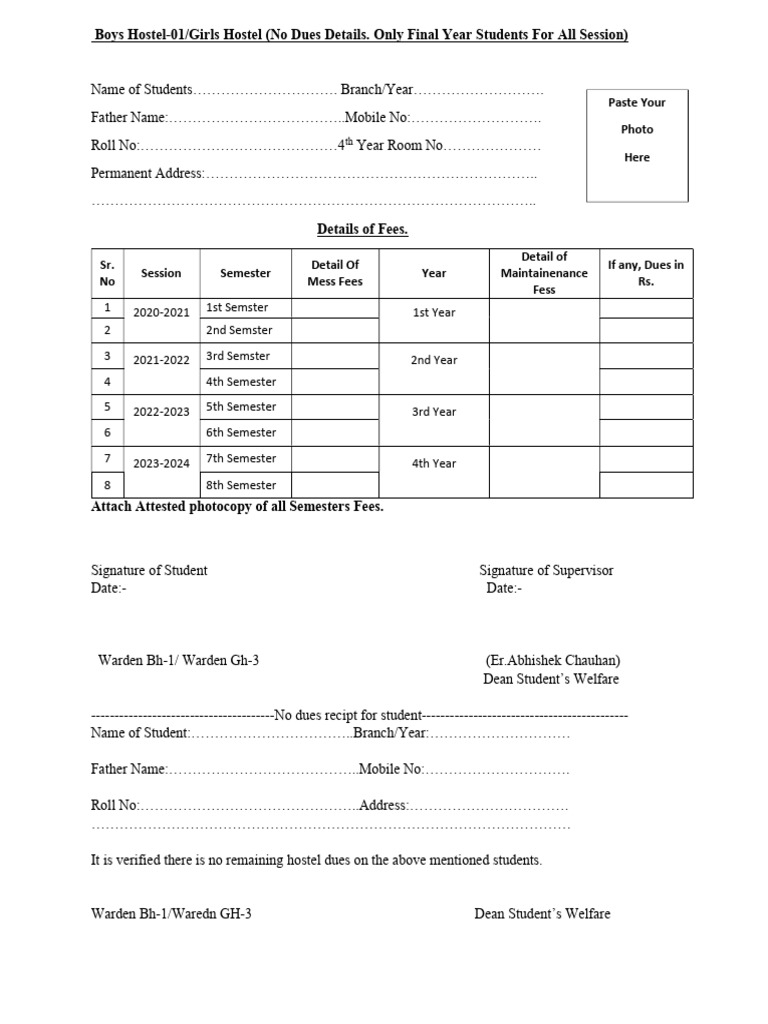 Final Year No Dues Form Hostel Mess and Maintainace | PDF