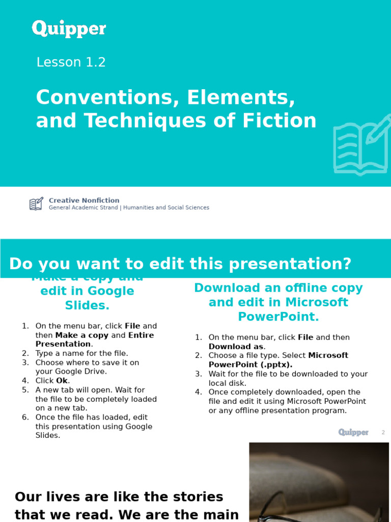 CNF11 12 Q1 Lesson 2 Conventions Elements and Techniques of Fiction | PDF