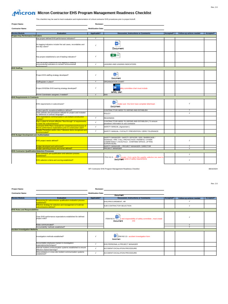 Micron Contractor EHS Program Management Readiness Checklist - xlsxrv1 - CRYSTAL | PDF