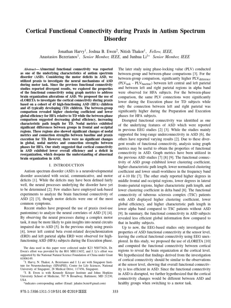 Cortical Functional Connectivity during Praxis in Autism Spectrum | PDF