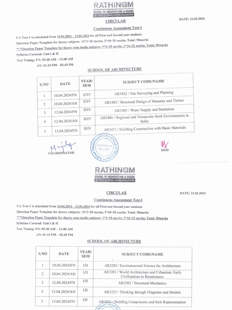 CAT - 1 Timetable | PDF