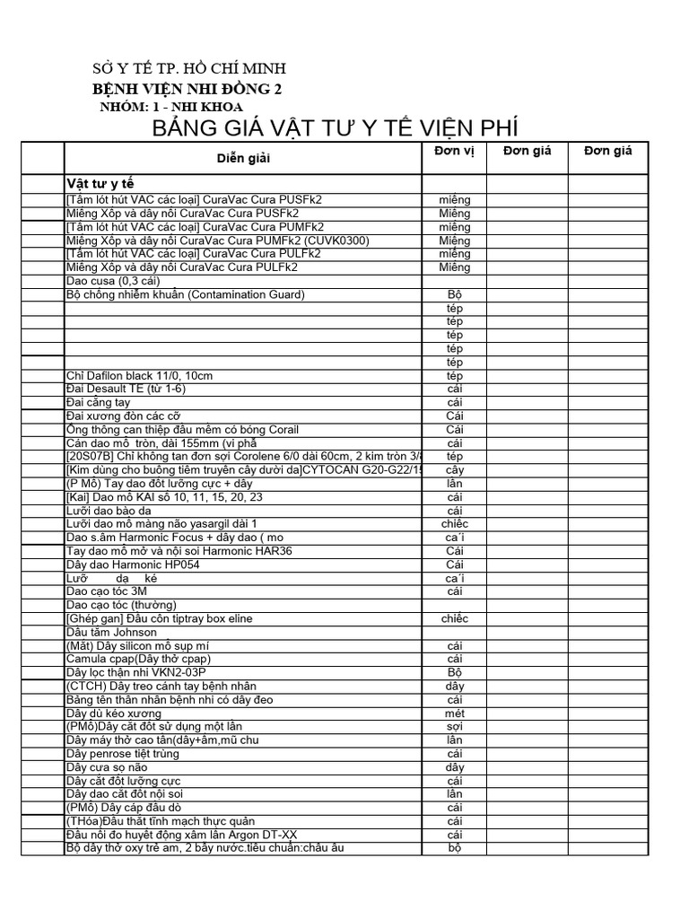 BẢNG GIÁ VẬT TƯ Y TẾ ÁP DỤNG TẠI BV NHI ĐỒNG 2 NĂM 2018 | PDF