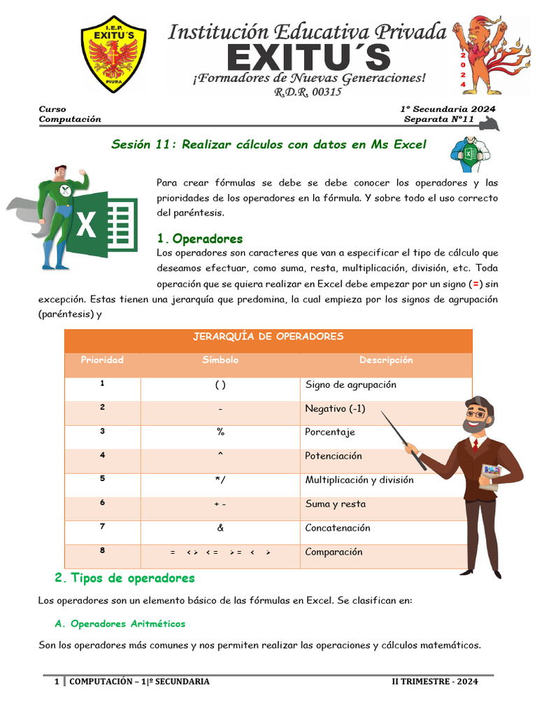 Sesión 11 - Realizar Cálculos Con Datos en Ms Excel 1° Secundaria 2024 | PDF