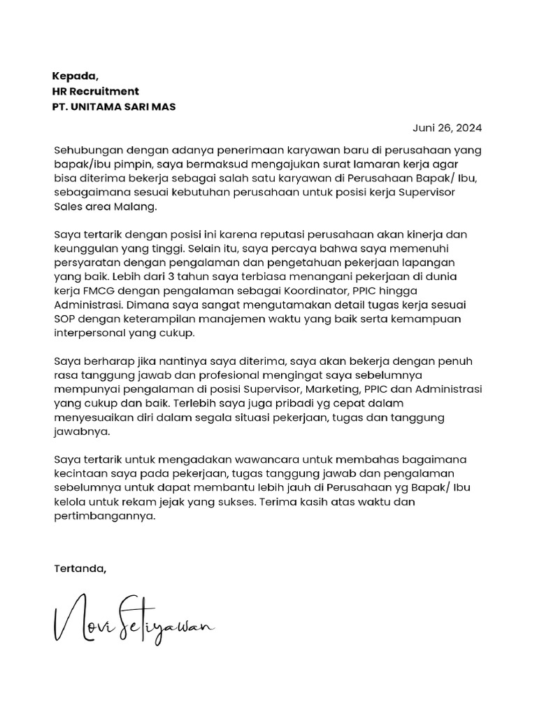 CV For Pt. Unitama Sari Mas (SPV Malang) | PDF