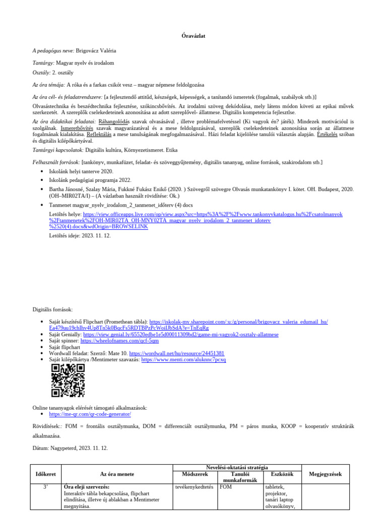 Óravázlat Sablon | PDF