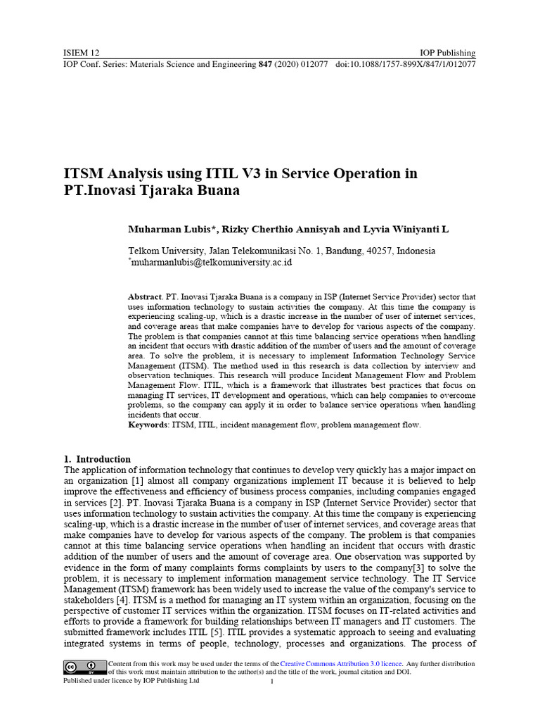 ITSM Analysis Using ITIL V3 in | PDF