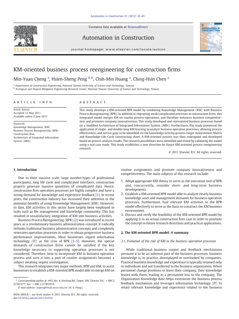 KM Oriented Business Process Reengineering For Con - 2012 - Automation in Constr | PDF