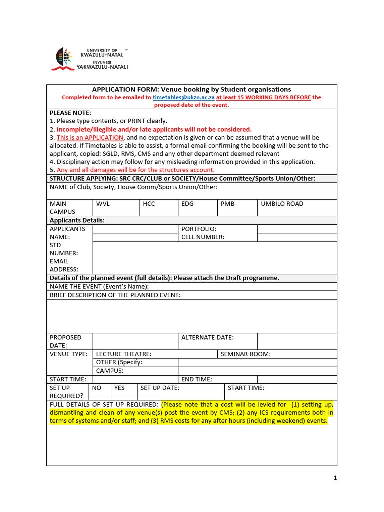 APPLICATION FORM For Venue Bookings by Student Structures | PDF