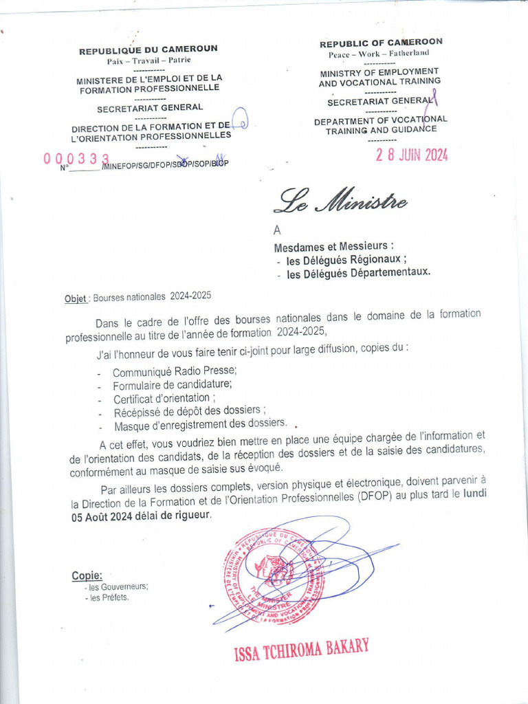 Bourses Nationales 2024 Minefop | PDF