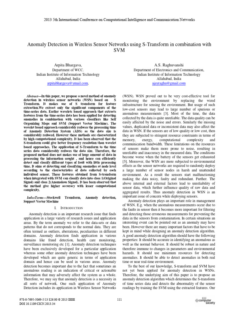 Anomaly Detection In Wireless Sensor Networks Using S Transform In 7560