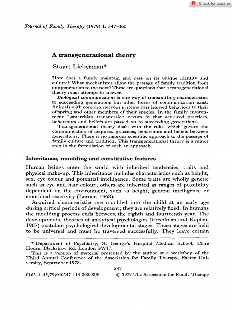 Journal of Family Therapy - 1979 - Lieberman - A Transgenerational Theory | PDF