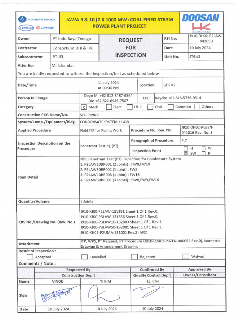 J910-DH02-P2LAW-042050 - A - RFI For NDT PT For Condensate System | PDF