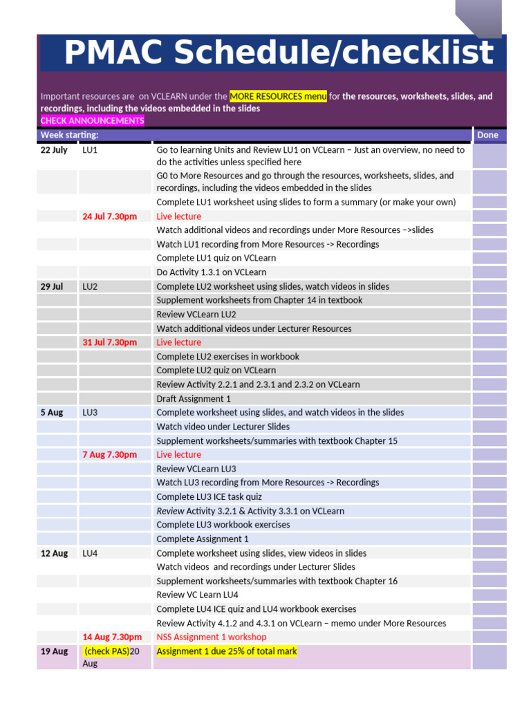 PMAC Schedule & Checklist S2 24 | PDF