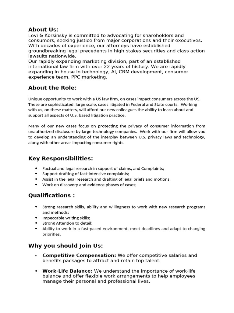 Job Description - Legal - Internship | PDF