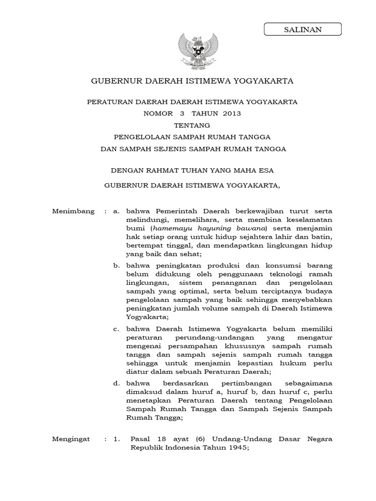 Perda DIY No. 3 Tahun 2013 TTG Pengelolaan Sampah Rumah Tangga Dan Sampah Sejenis Sampah Rumah ...