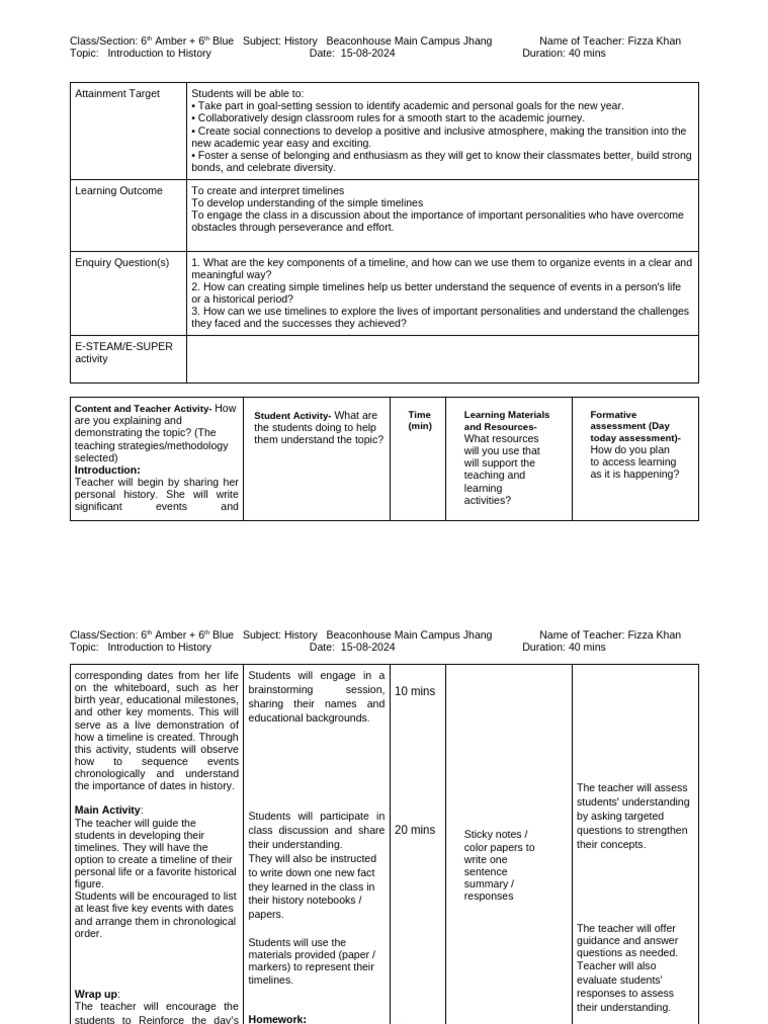 Lesson plan History 6th (Introduction to History) 15-08-2024 | PDF