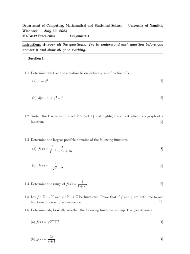 MAT3512 Assignment 1 2024 | PDF | Function (Mathematics) | Algebra