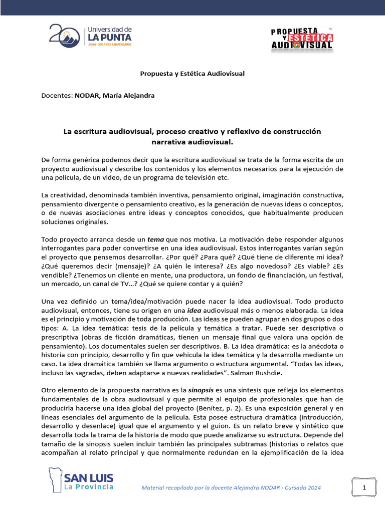 UNIDAD INTEGRADORA La Escritura Audiovisual Proceso Creativo y ...