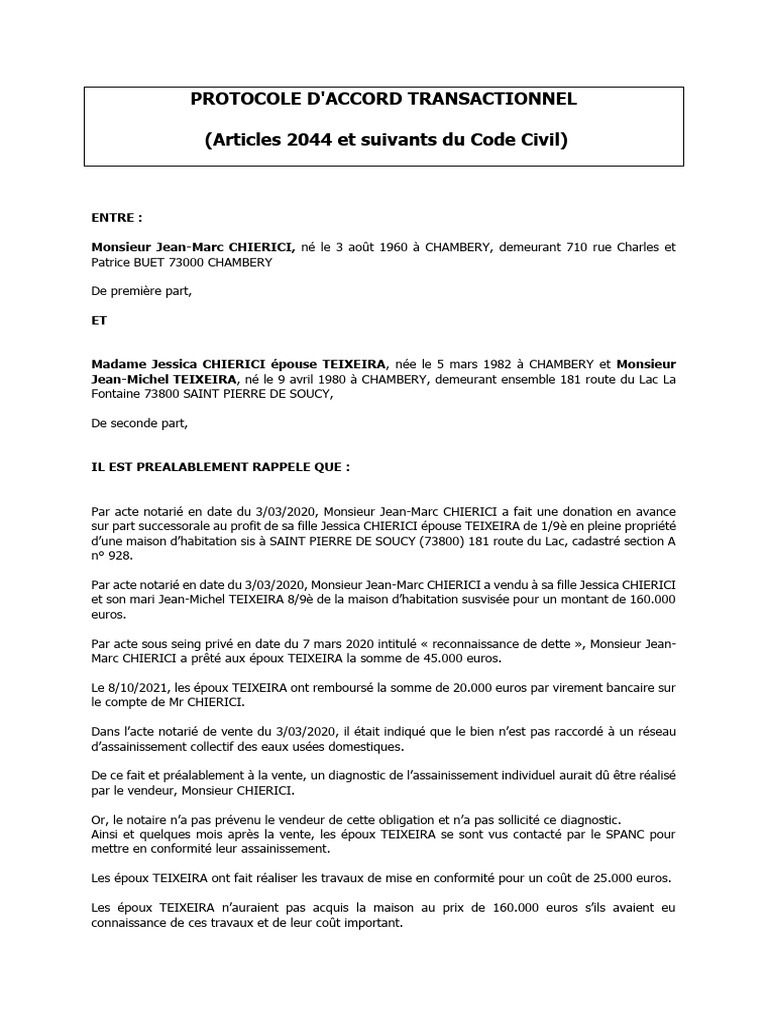 Protocole d'Accord Transactionnel TEXEIRA | PDF