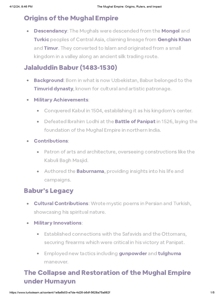 The Mughal Empire - Origins, Rulers, and Impact | PDF