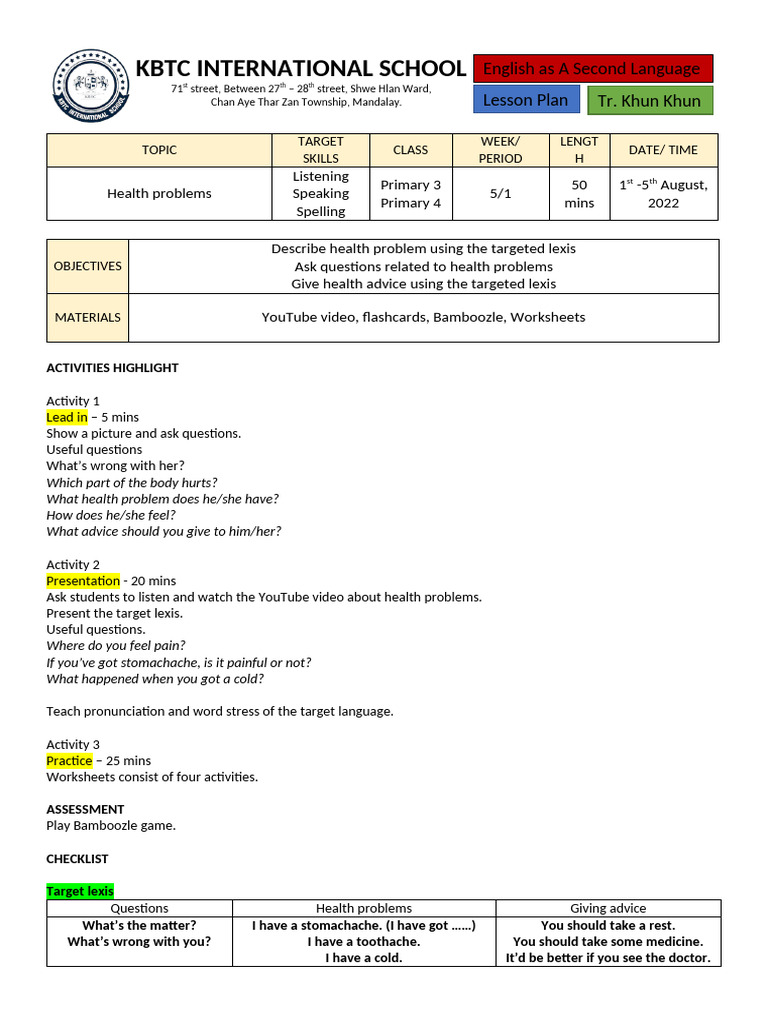 ESL Lesson Plan | PDF