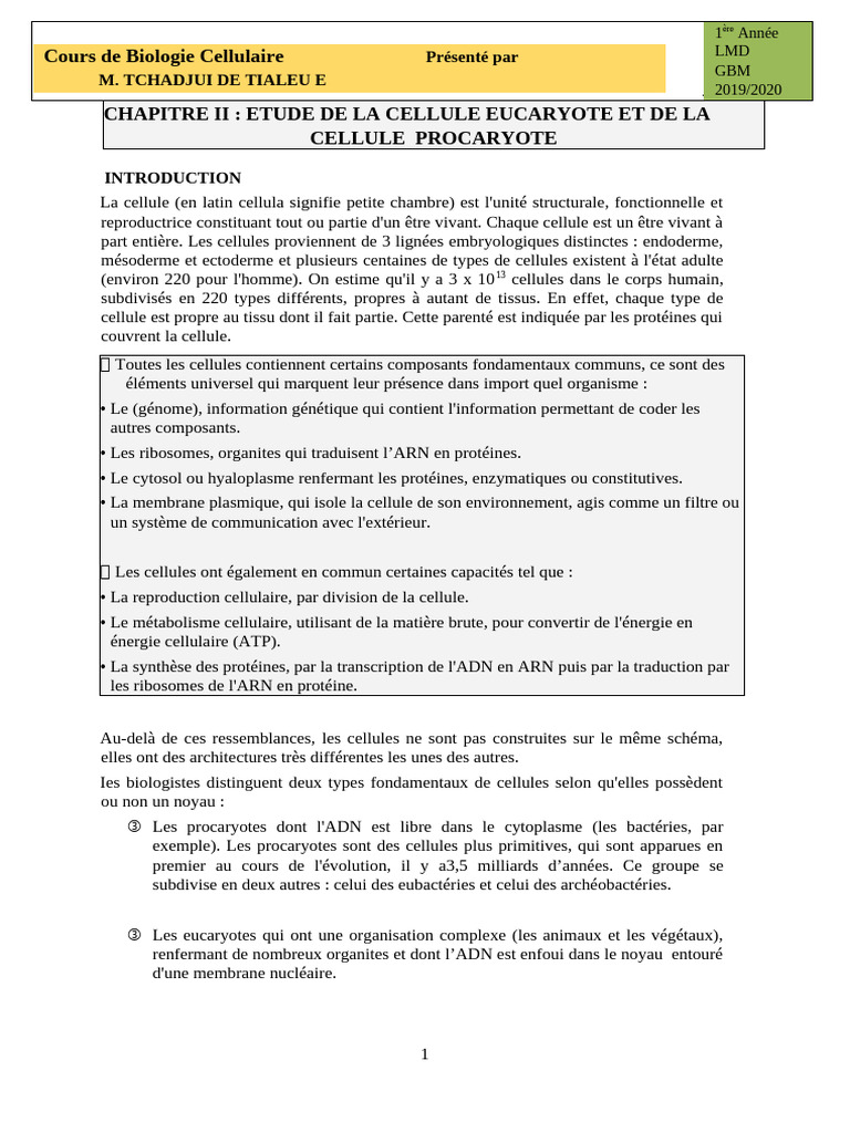 Chapitre II Etude de La Cellule Eucaryote Et Eucaryote | PDF