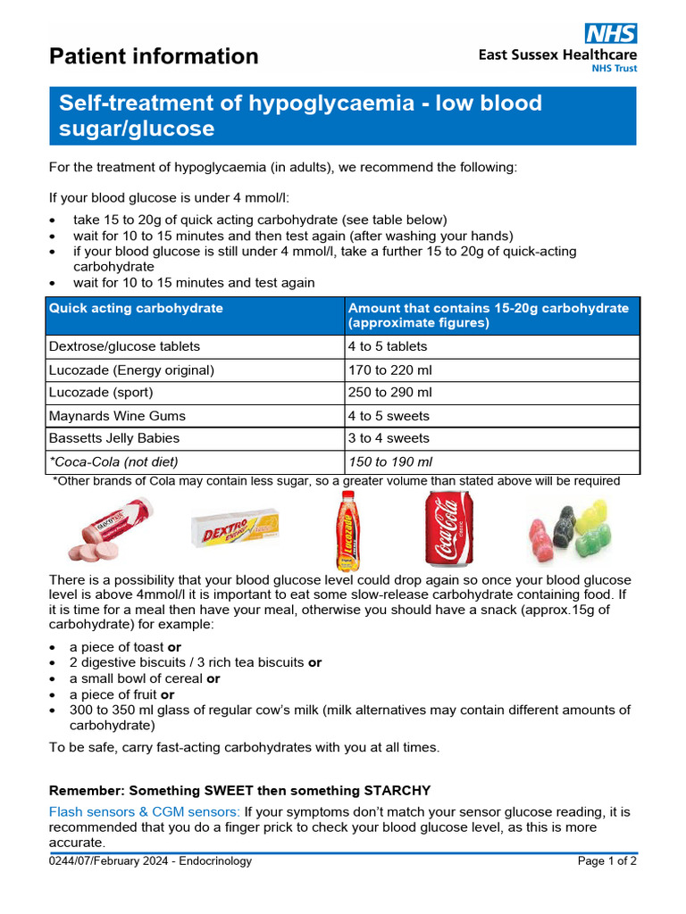 Self-Treatment of Hypoglycaemia - Low Blood Sugar/glucose | PDF
