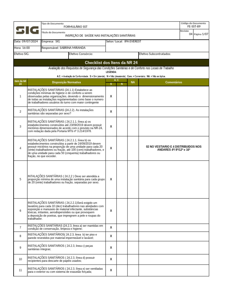 FE-SST-89-RV.03-CHECKLIST NR 24-CONDICOES SANITARIAS E DE CONFORTO ... FE-SST-89-RV.03-CHECKLIST NR 24-CONDICOES SANITARIAS E DE CONFORTO ...